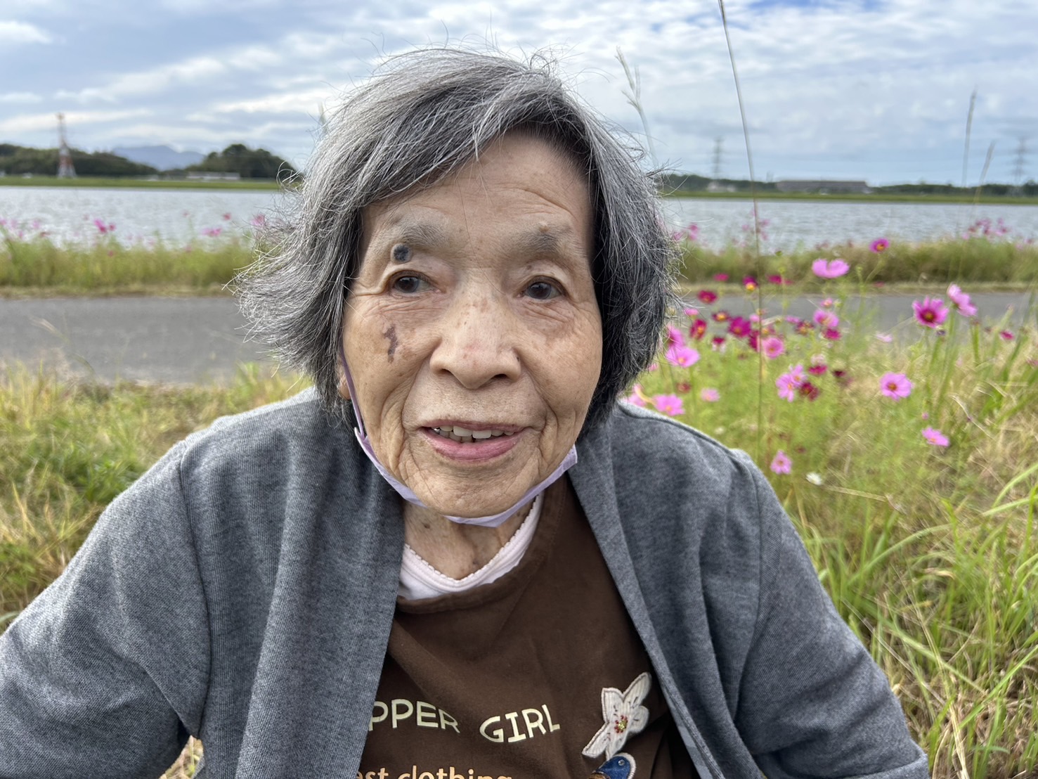 可愛いコスモスとキラキラと綺麗な川に